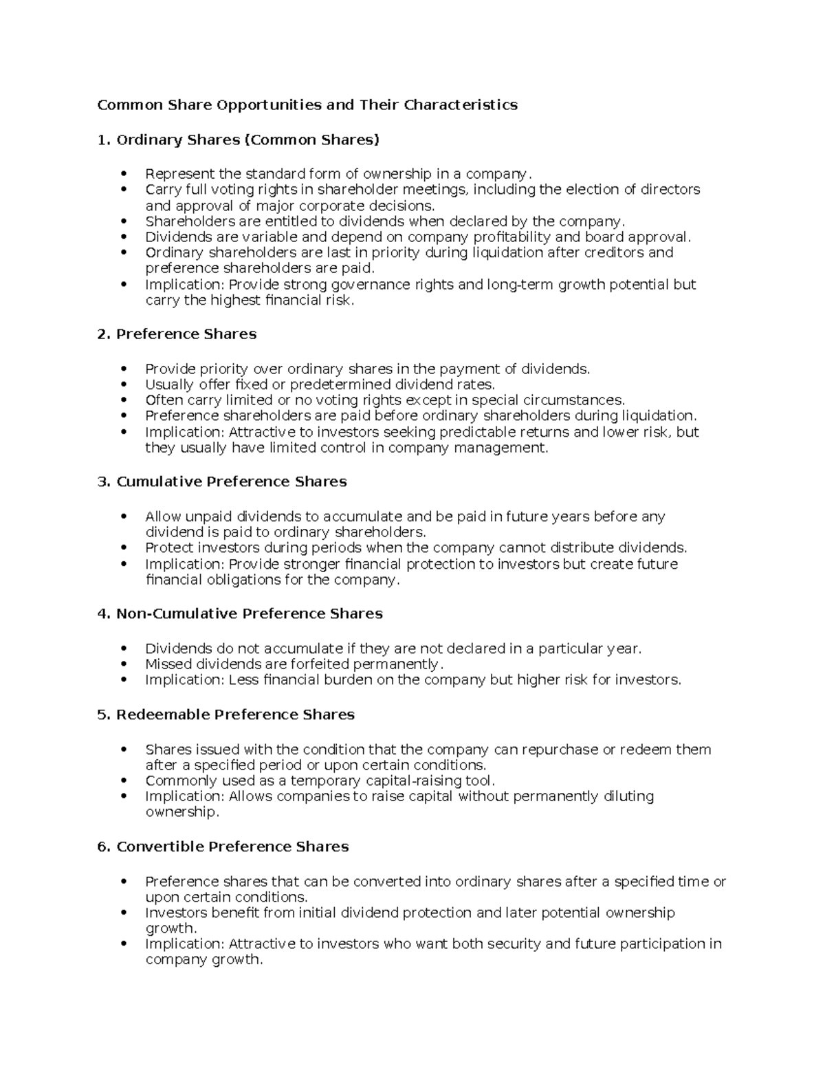 Common Share Opportunities & Characteristics: A Detailed Overview - Studocu