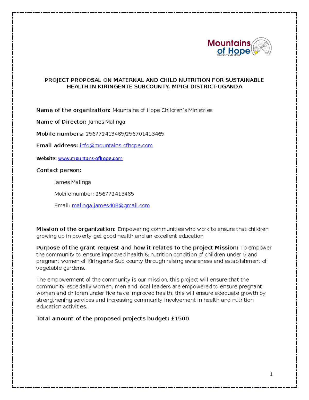 Maternal & Child Nutrition Project Proposal for Kiringente, Uganda ...
