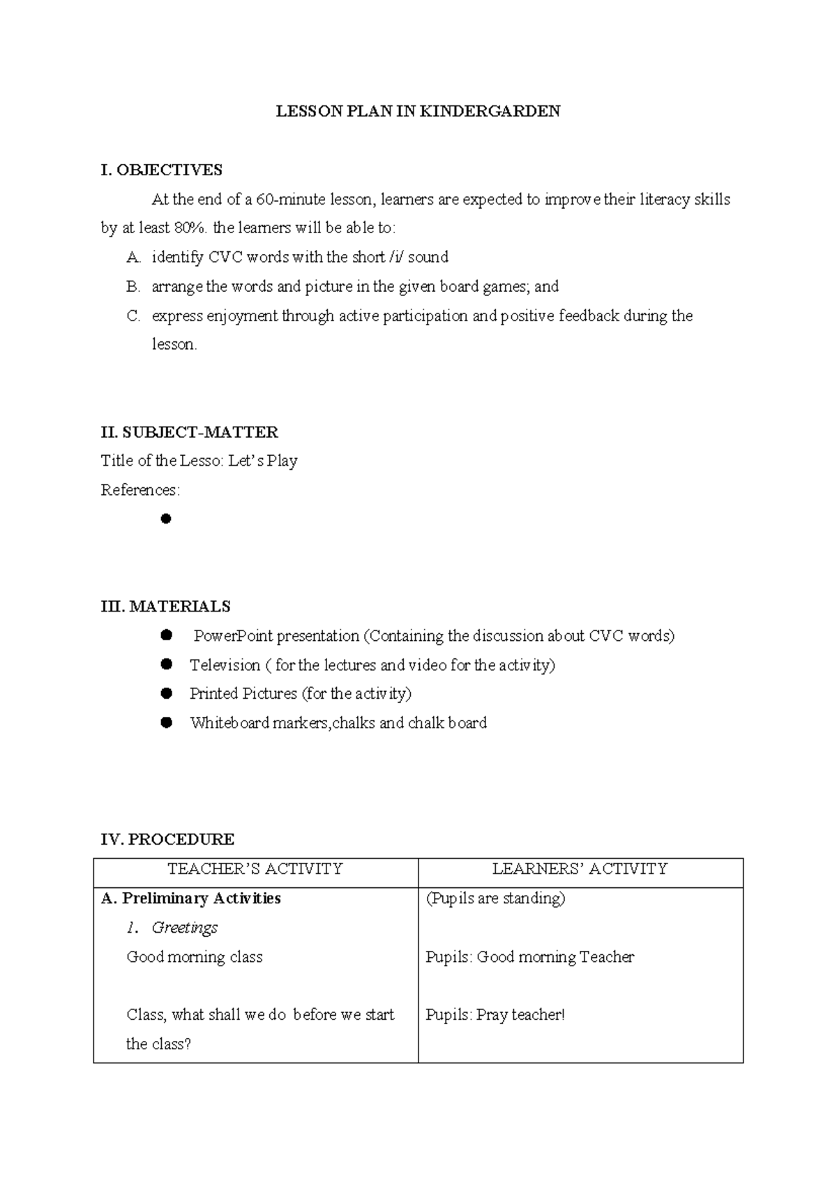 PED 103: Kindergarten Lesson Plan on CVC Words and Literacy Skills ...