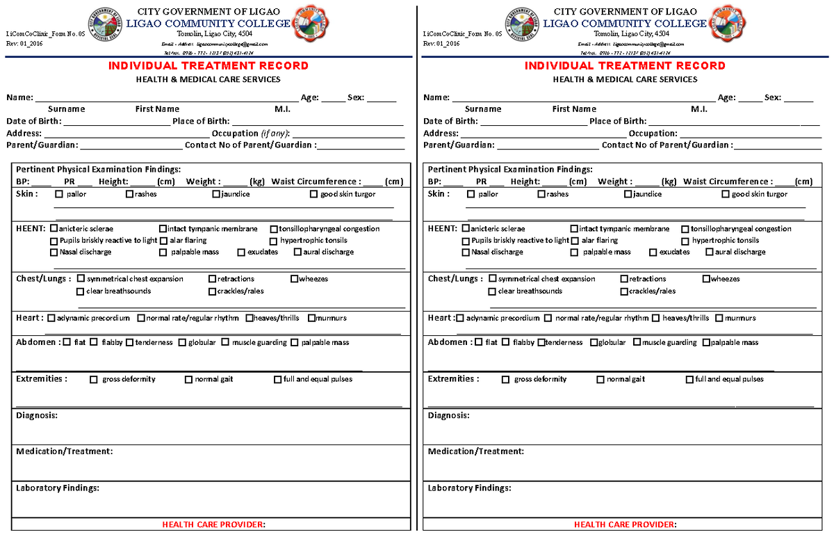 Individual Treatment Record Form for Medical Check-Up (LiComCoClinic ...