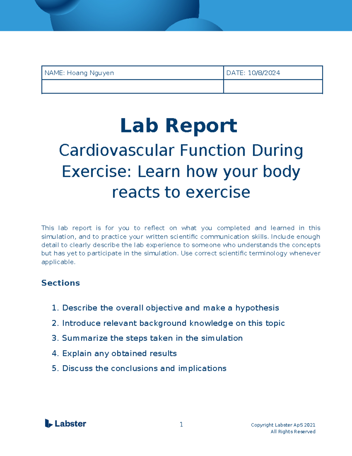 LAB Report: Cardiovascular Function During Exercise Simulation - Studocu
