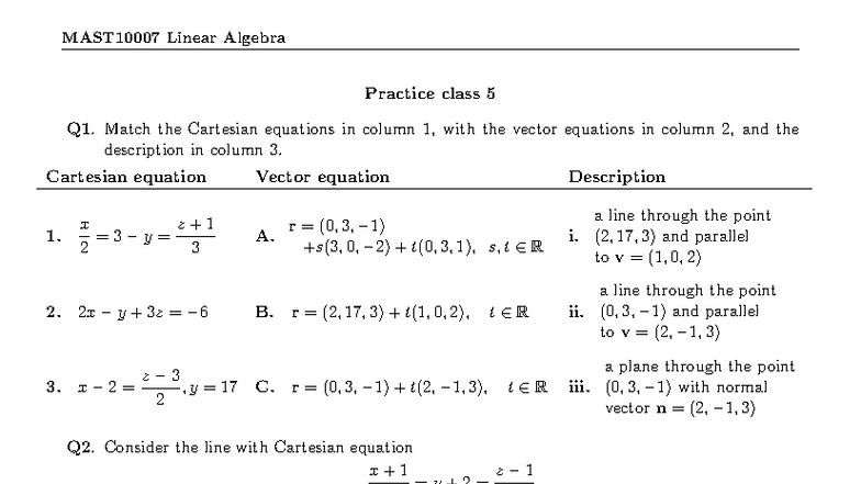 Linear Algebra Practice Questions W1-5 - Mathematics and Statistics 1 ...