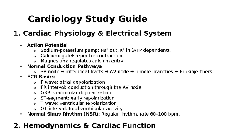 Cardiology Study Guide: Key Concepts & Arrhythmias Overview - Studocu