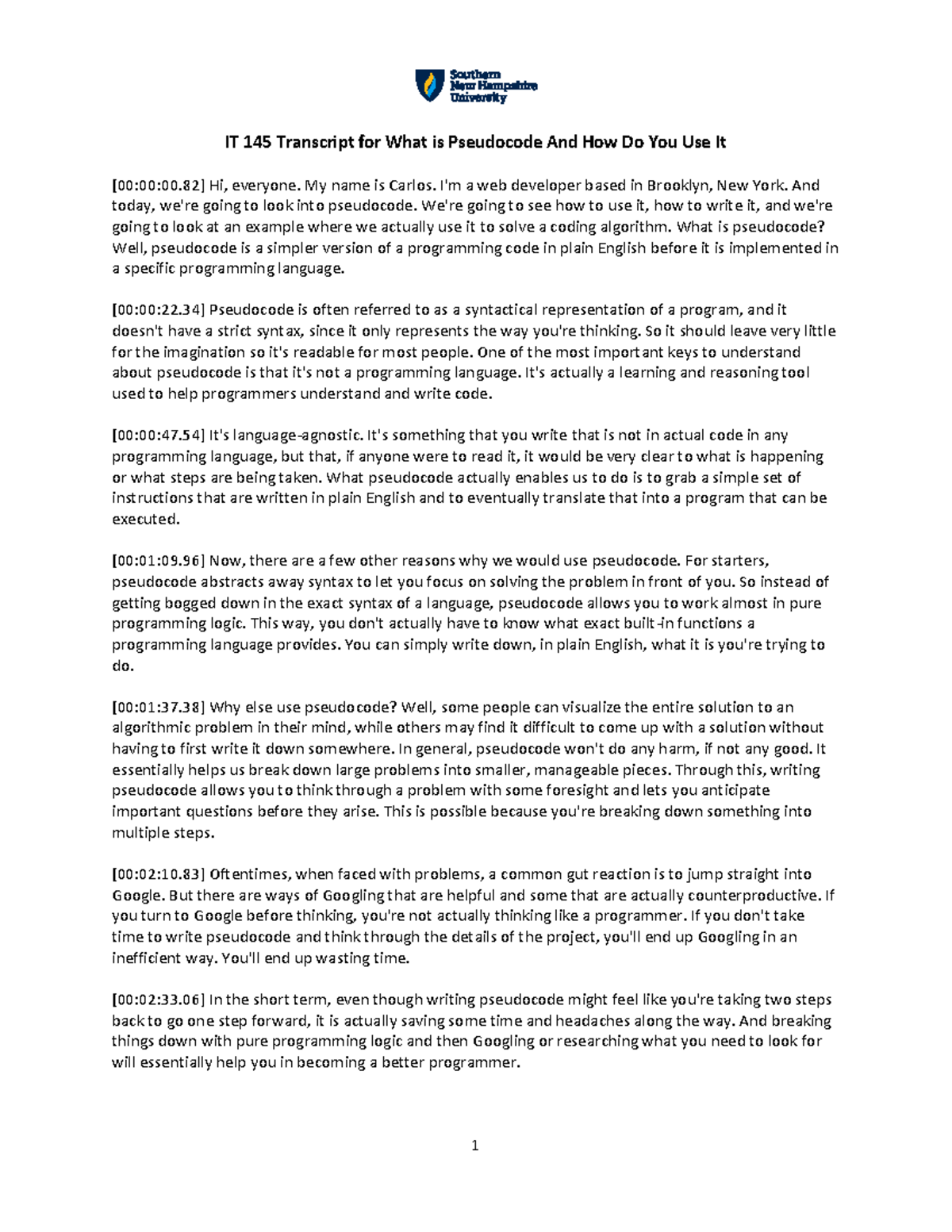 IT 145 Lecture Transcript: Understanding and Using Pseudocode - Studocu