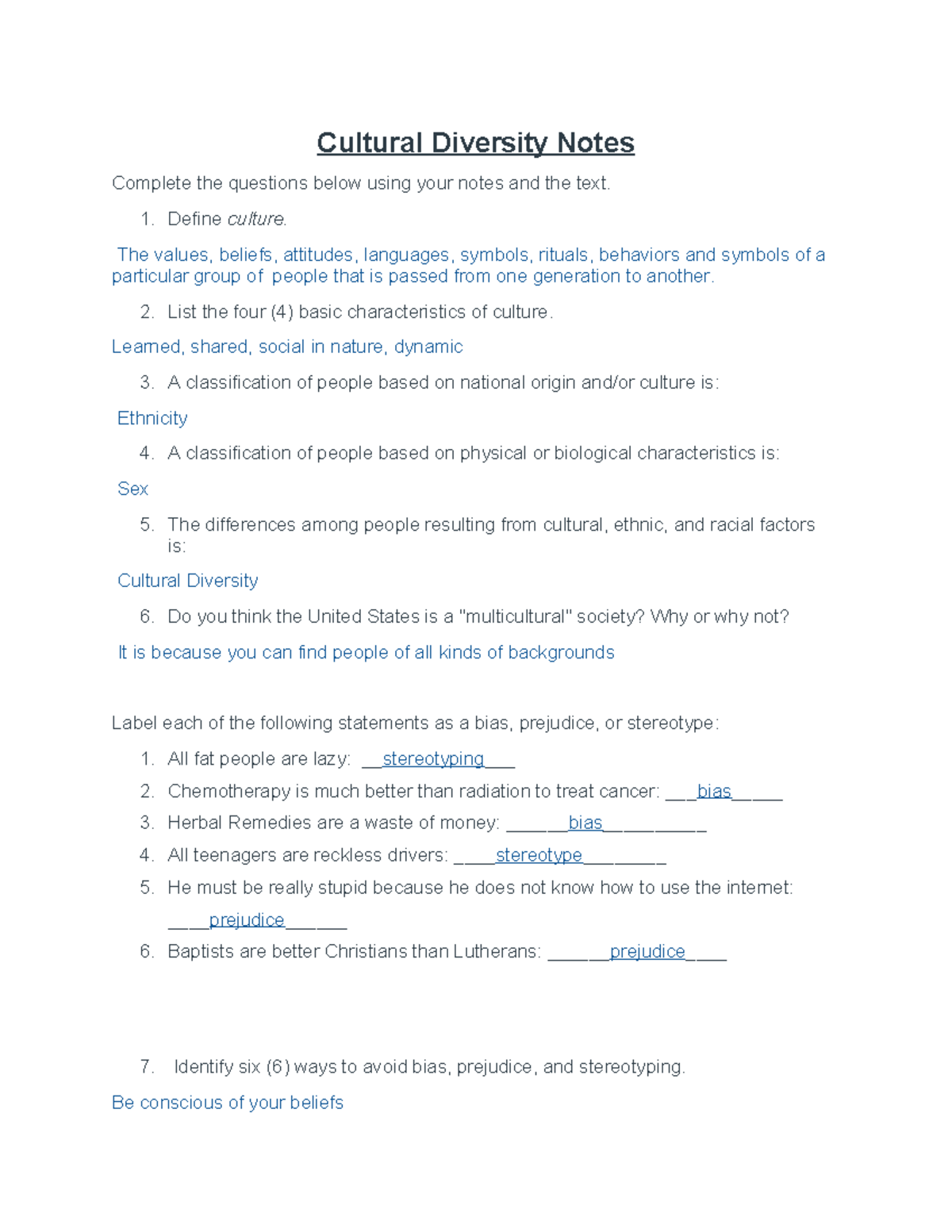 Cultural Diversity Notes: Key Concepts and Definitions - Studocu