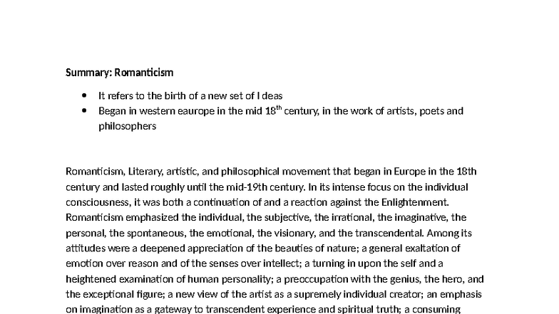 Summary: Romanticism - Key Concepts and Ideas in Literature - Studocu