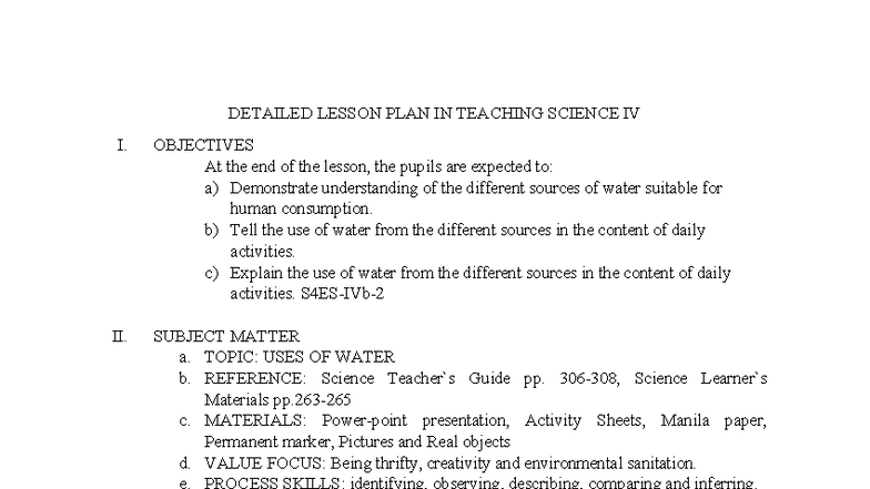 Science IV Lesson Plan: Understanding Water Uses and Conservation - Studocu