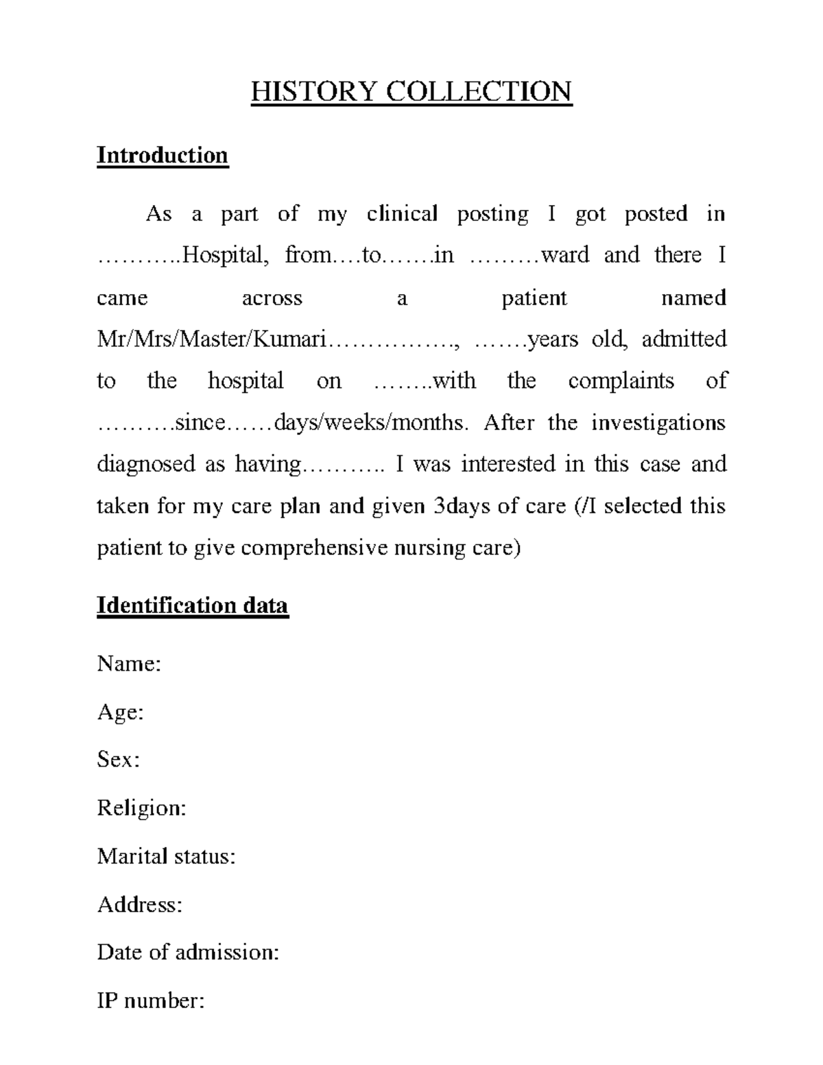1st Year History Collection: Case Study Format for Clinical Posting ...