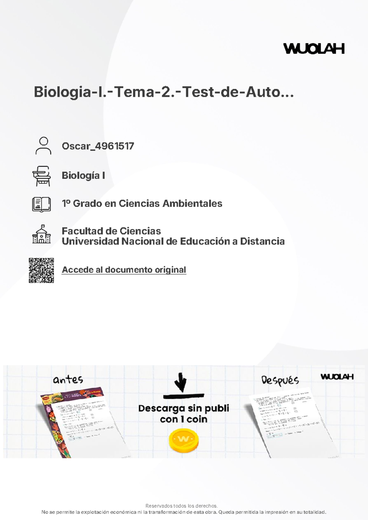 Biología I (Oscar_4961517) - Test de Autoevaluación Tema 2 - Studocu