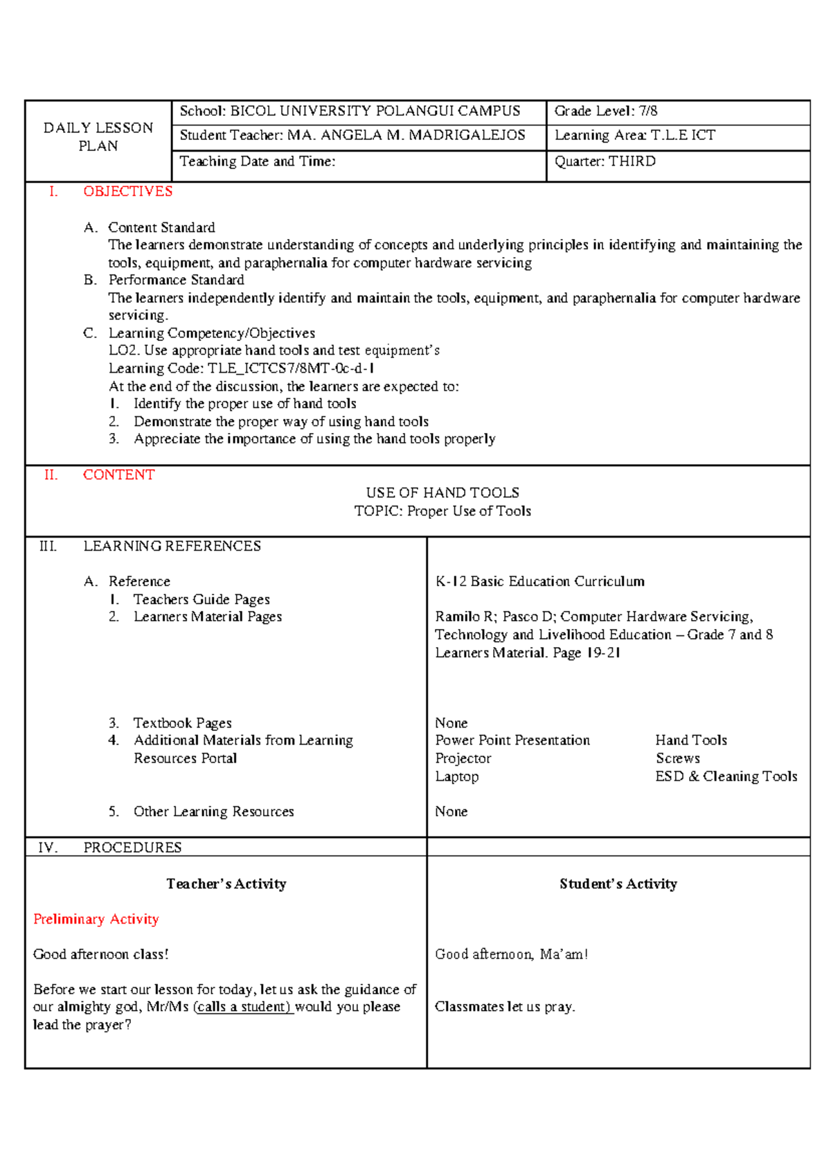 DLP - Daily Lesson Plan on Proper Use of Hand Tools for ICT - Studocu