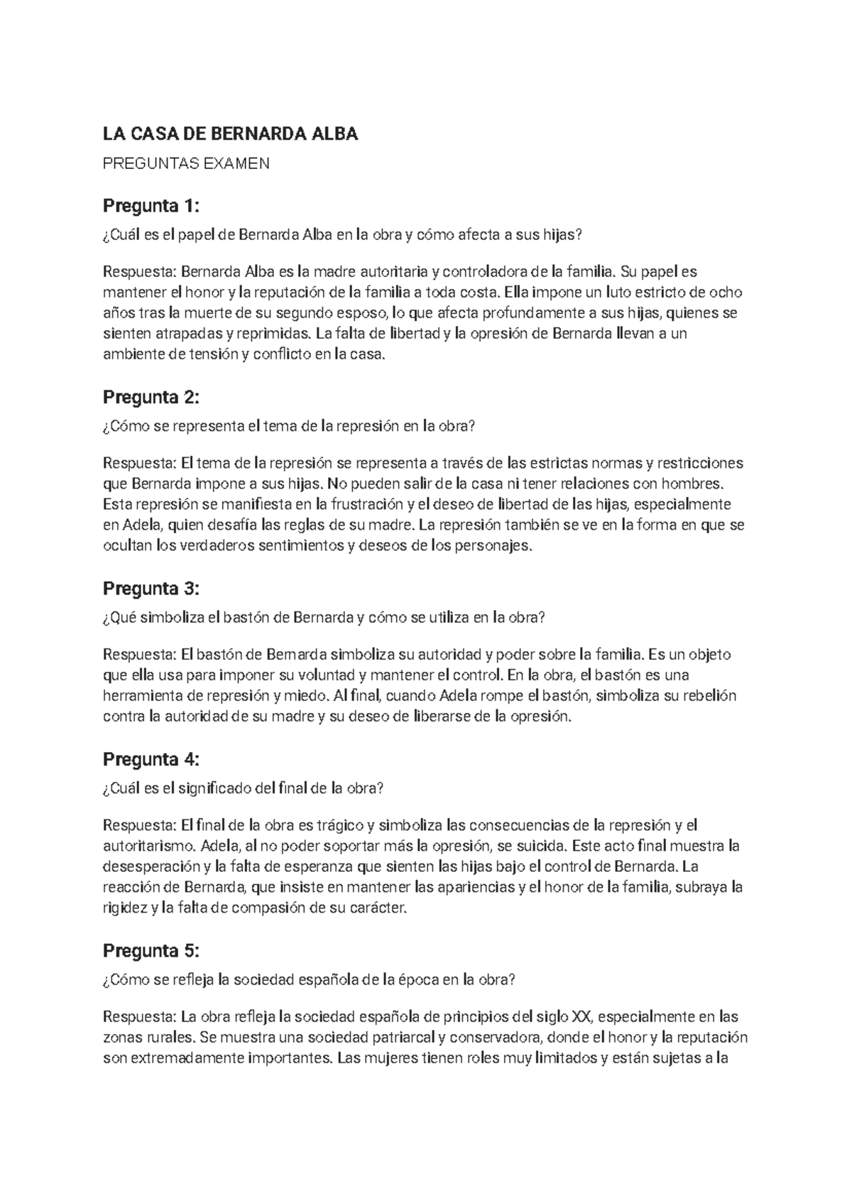 LA CASA DE BERNARDA ALBA: PREGUNTAS PARA EXAMEN FINAL - Studocu