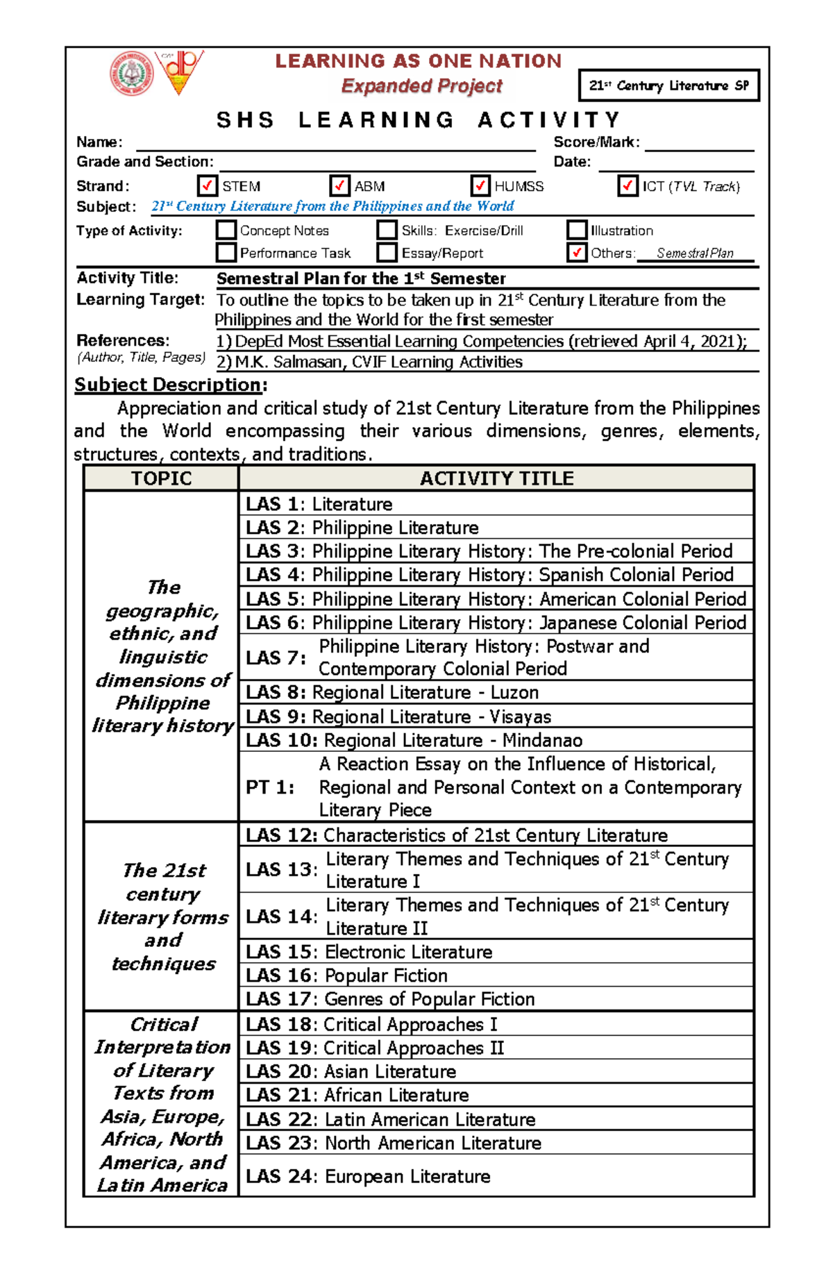21st Century Literature SHS Semestral Plan (STEM/ABM/HUMSS) - Studocu