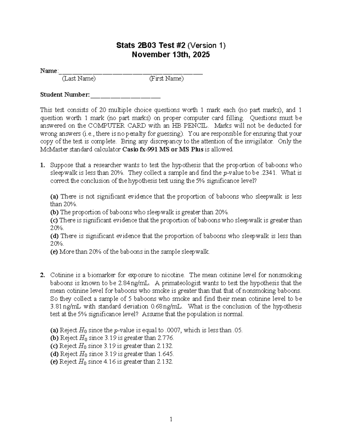 Stats 2B03 Test Version 1 - November 2025 - Studocu