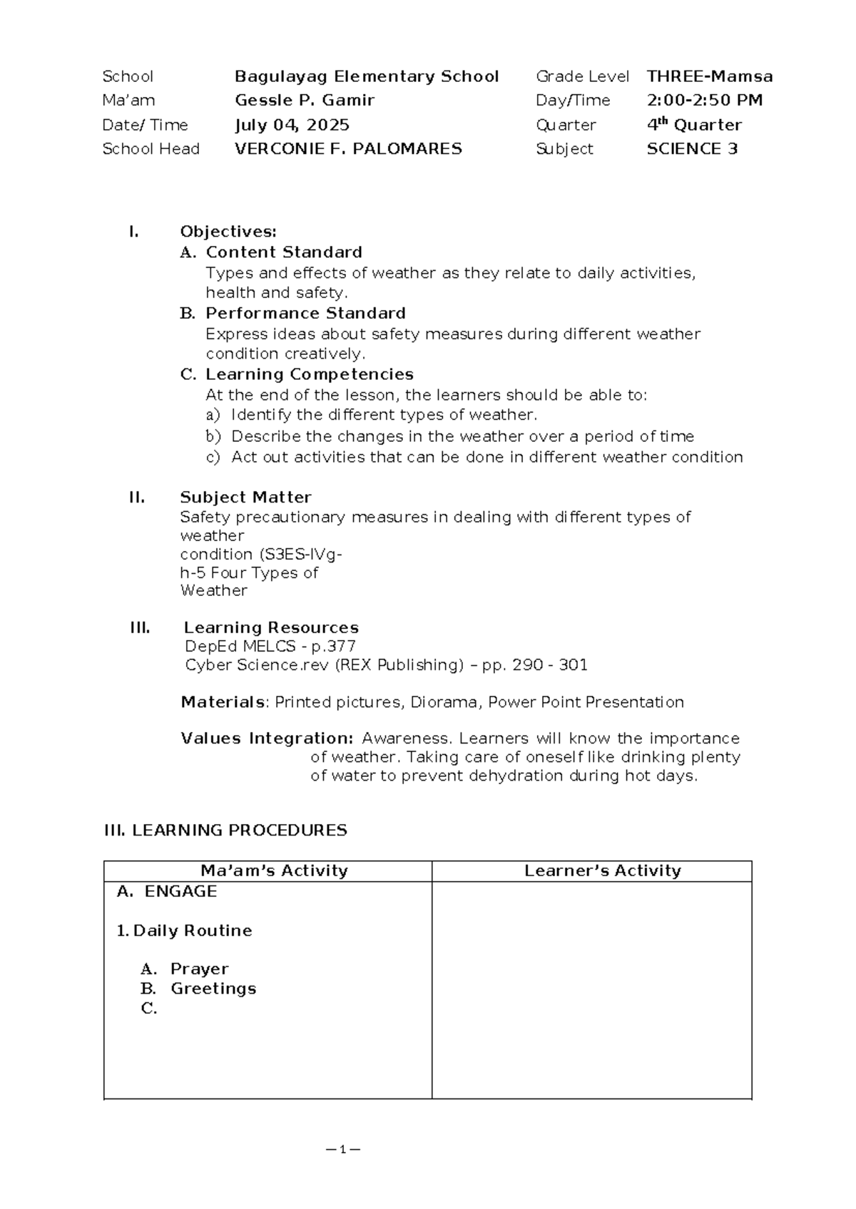 SCI 3 Lesson Plan: Understanding Weather Types and Safety Measures ...