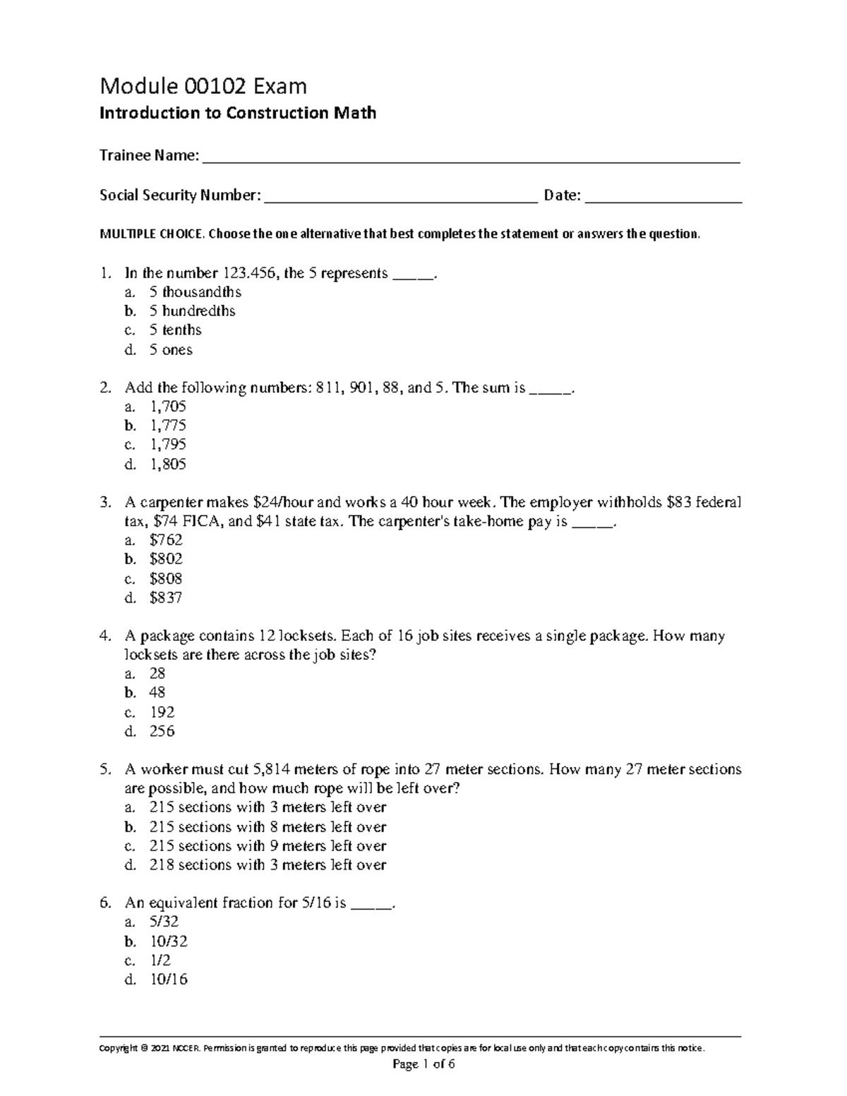 Module 00102 Final Exam: Introduction to Construction Math - Studocu