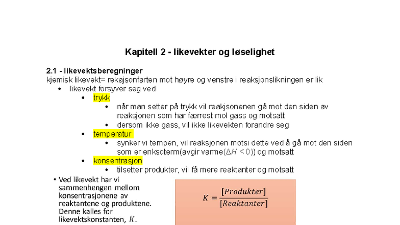 Kapitell 2 - Likevekter og Løselighet i Kjemiske Reaksjoner - Studocu