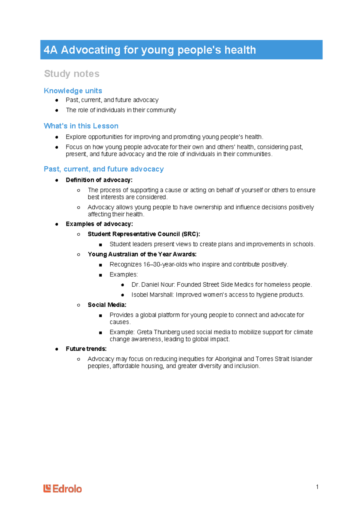 4A Advocating for Young People's Health - Study Notes on Advocacy - Studocu