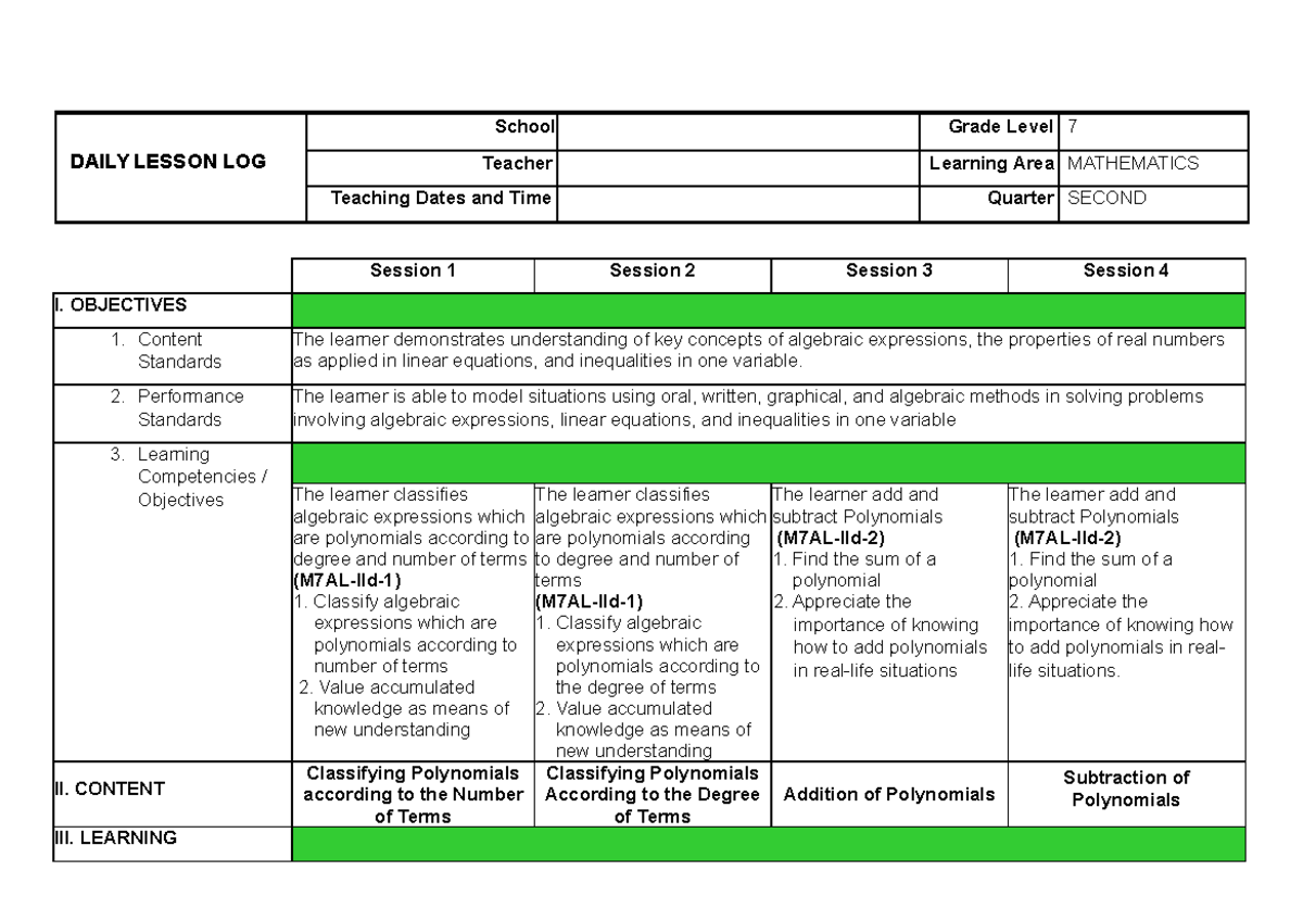 WEEK 4 - Daily Lesson Log Grade 7 Mathematics Quarter 2 - DAILY LESSON ...