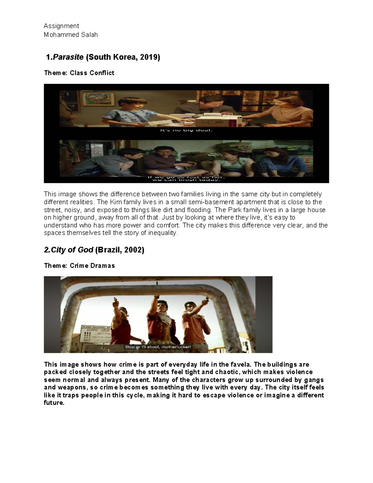 Assignment: Class Conflict & Crime in "Parasite" & "City of God" - Studocu