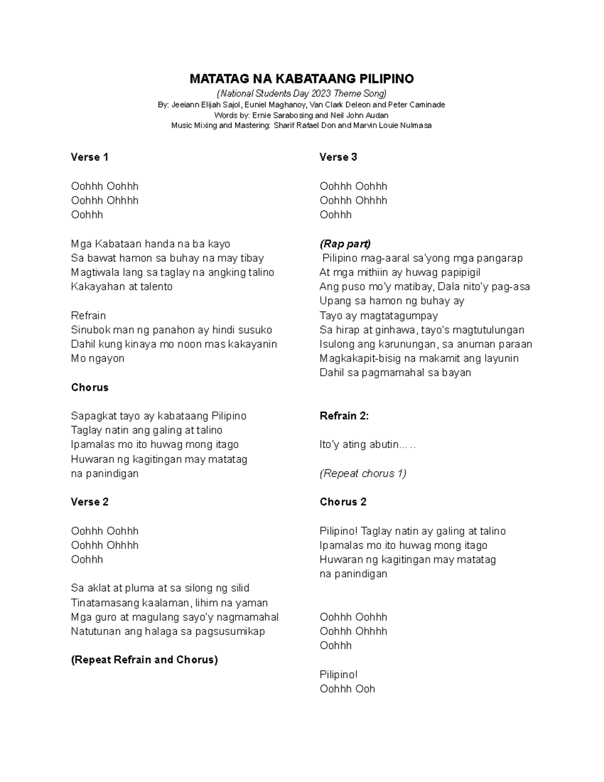 MATATAG NA KABATAANG PILIPINO: National Students Day 2023 Theme Song ...