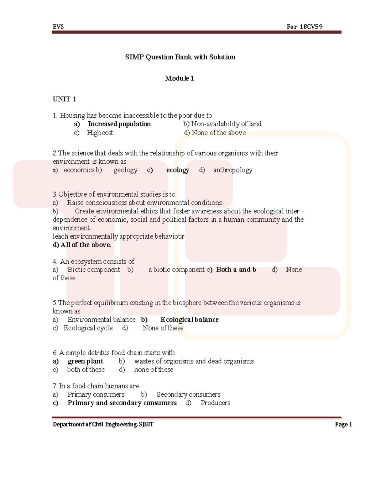 EVS 18CV59 Question Bank with Solutions for Environmental Studies - Studocu