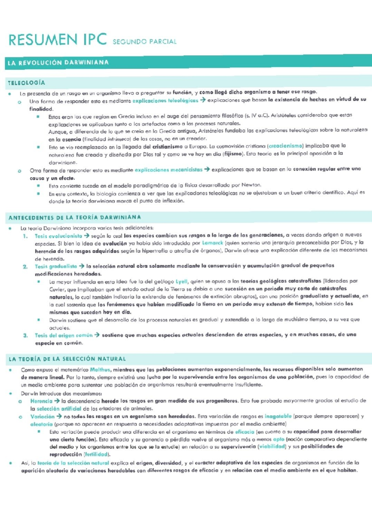Resumen del 2° Parcial de IPC: La Revolución Darwiniana y Teleología - Studocu