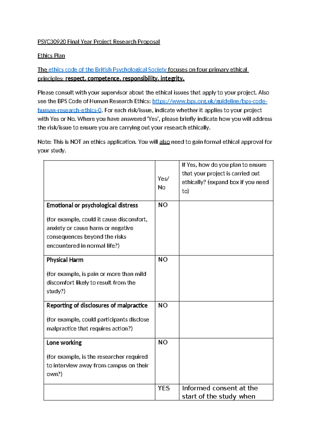 PSYC30920 Final Year Project Ethics Plan and Proposal - Studocu