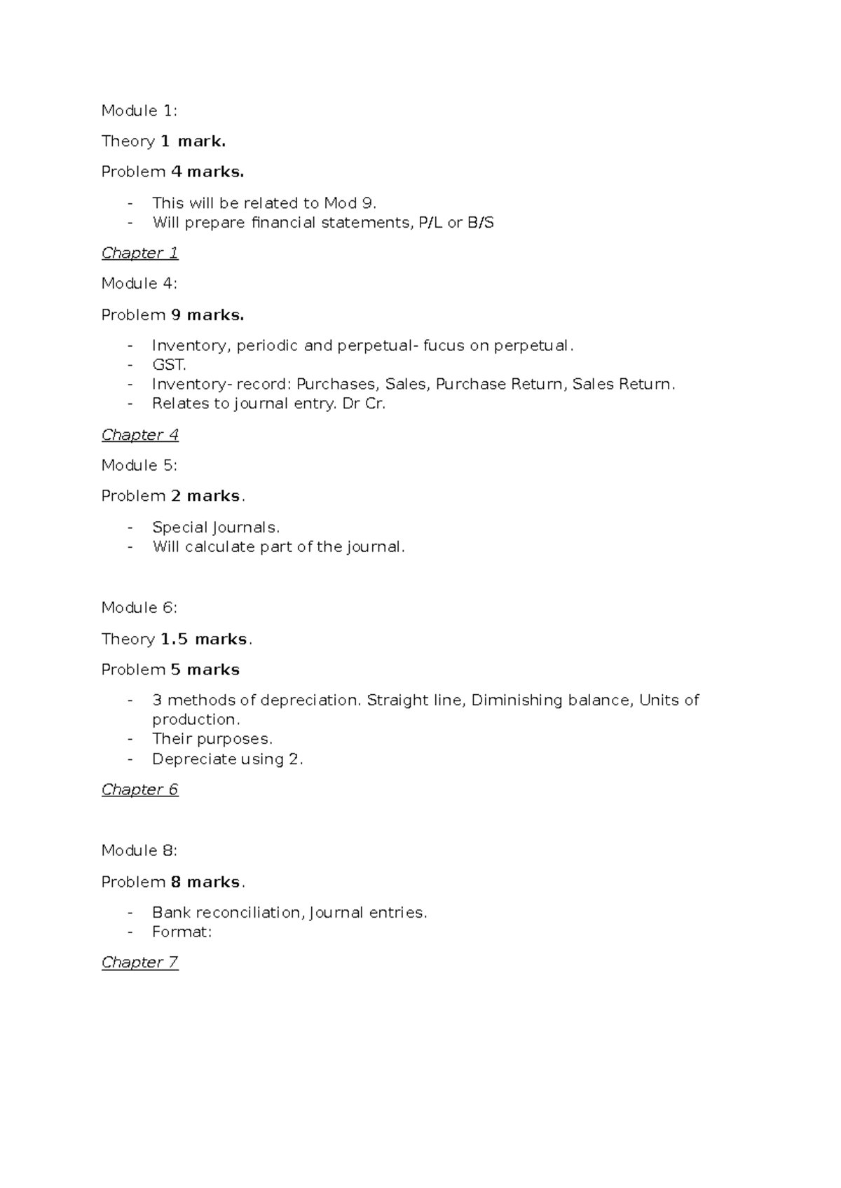 Final Exam - Module 1: Theory 1 mark. Problem 4 marks. - This will be ...