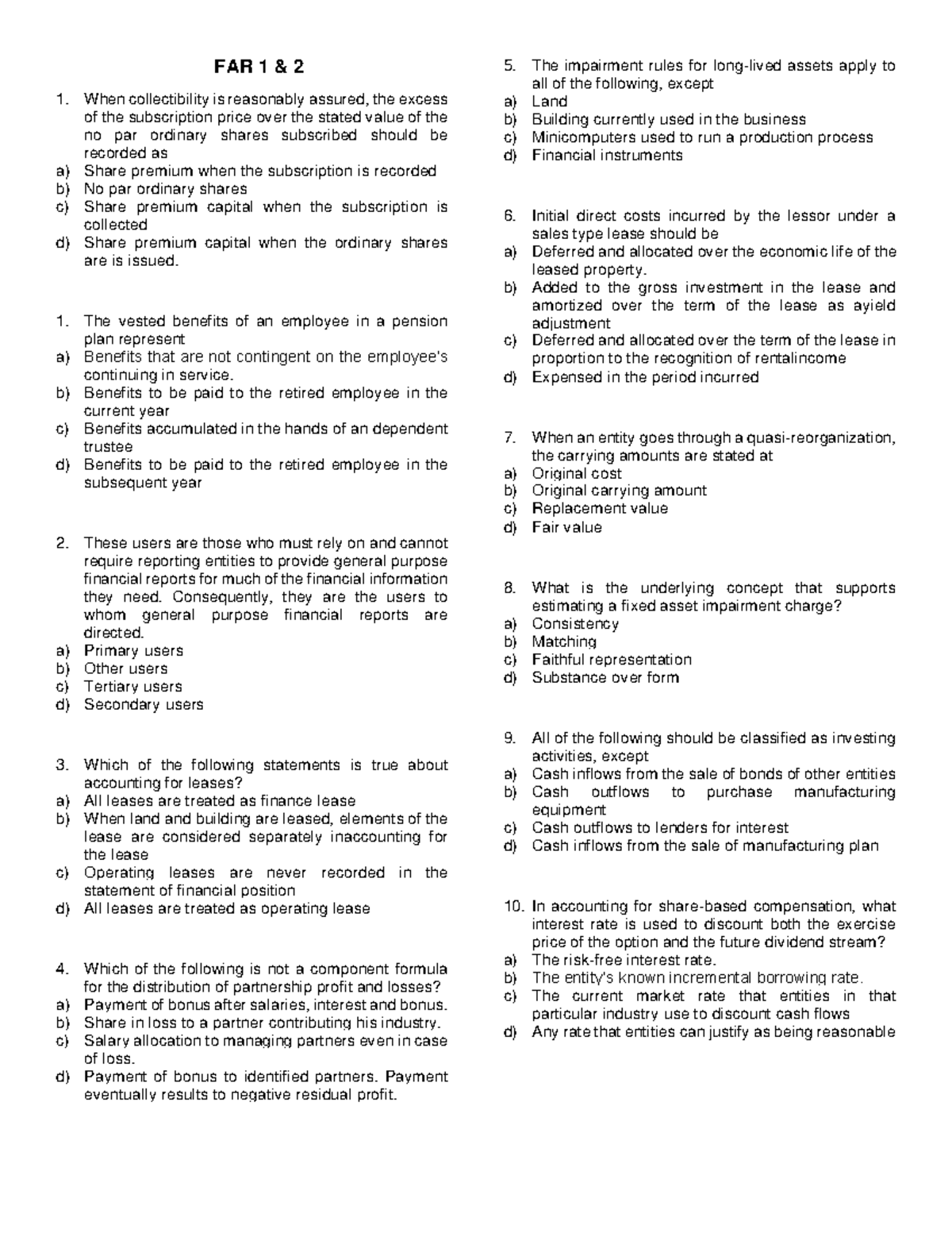 FAR 1 & 2 - Comprehensive Sample Test Bank for Exam Prep - Studocu