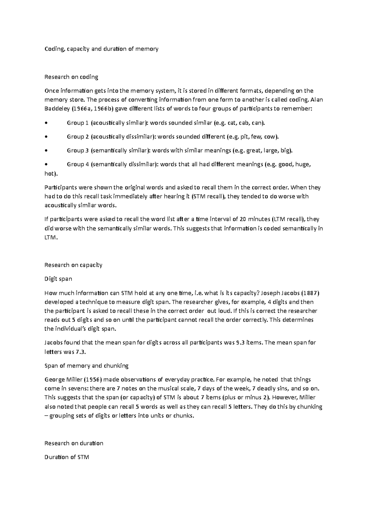 Coding, capacity and duration of memory - Coding, capacity and duration ...