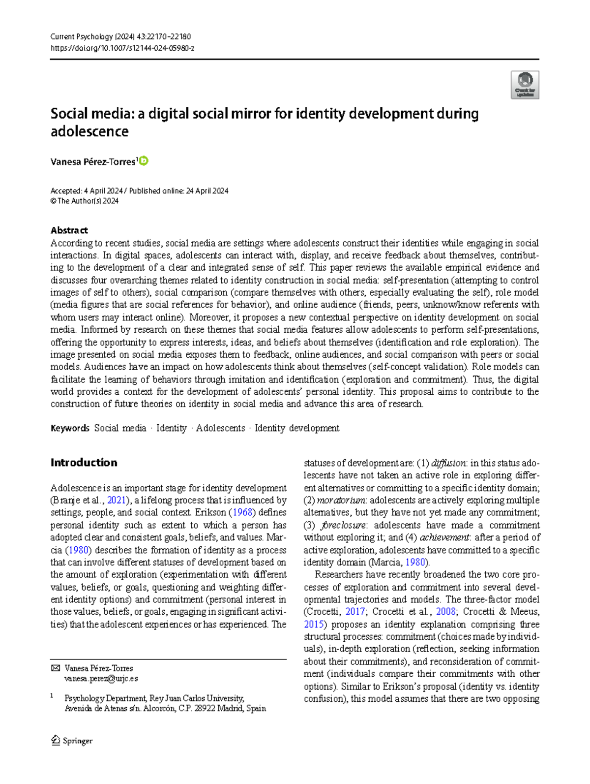 Current Psychology (2024) Social Media's Role in Adolescent Identity ...