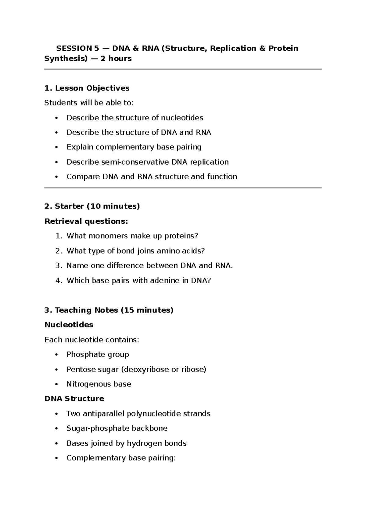 Session 5 - DNA & RNA Structure, Replication & Protein Synthesis Notes ...