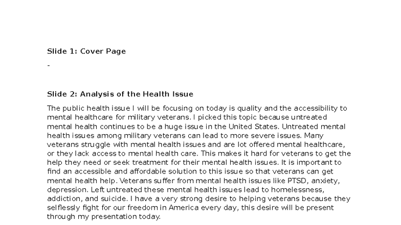 HCM 320 MOD 7 Final Project: Mental Health Care for Veterans - Studocu