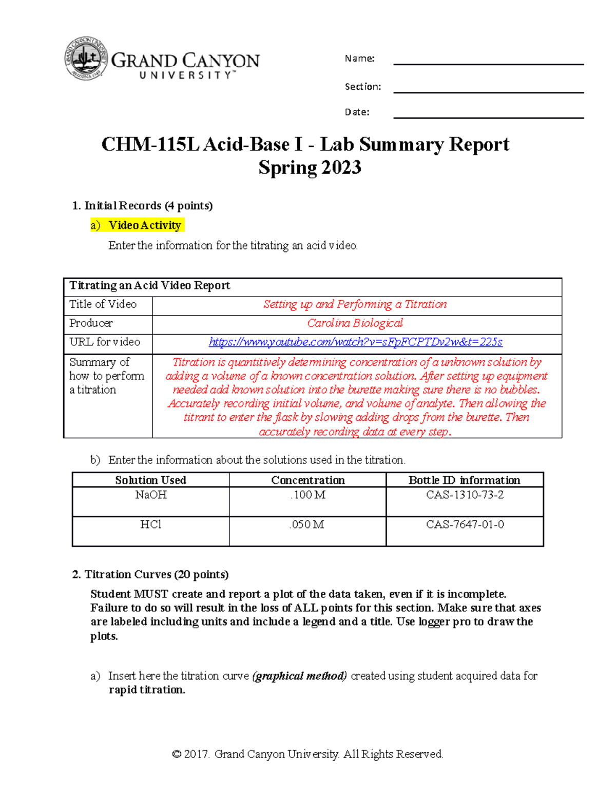 CHM-115L Acid-Base I Lab Report with Titration Curves and Data - Studocu