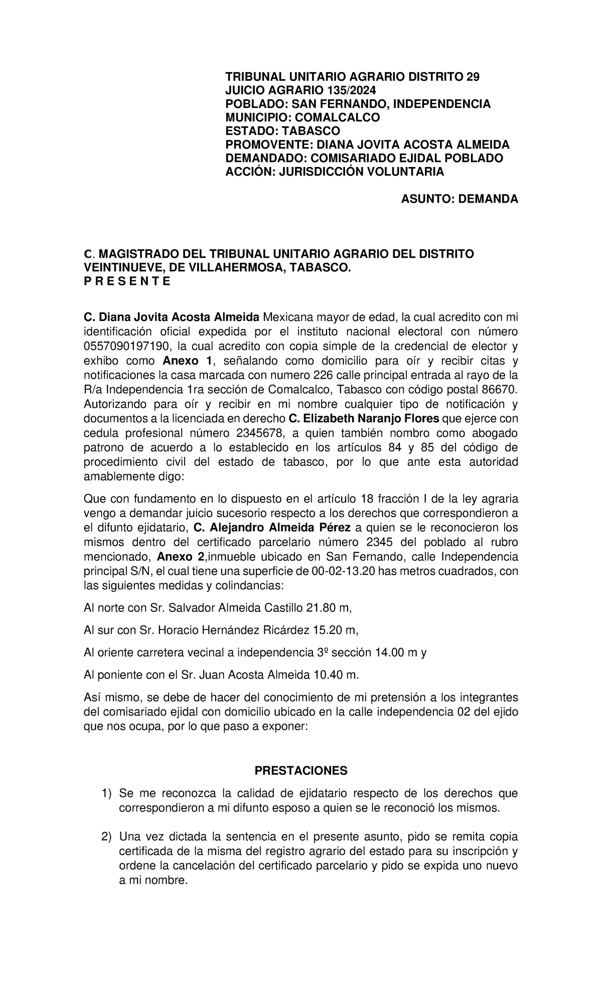 Demanda Agraria Diana Jovita Acosta Almeida - TRIBUNAL UNITARIO AGRARIO ...