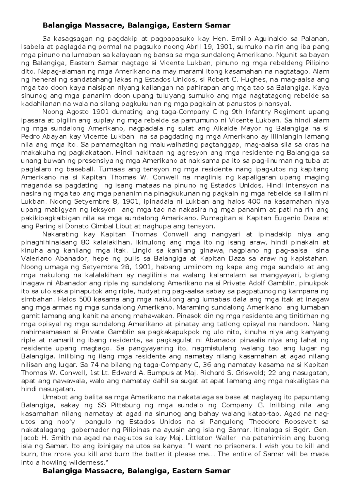 Mga Heneral sa Labanang Pilipino: Balangiga Massacre (1901) - Studocu