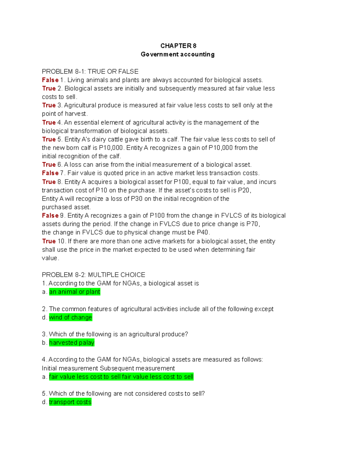 Gov. Acctg Chapter 8: Biological Assets True/False & MC Questions - Studocu