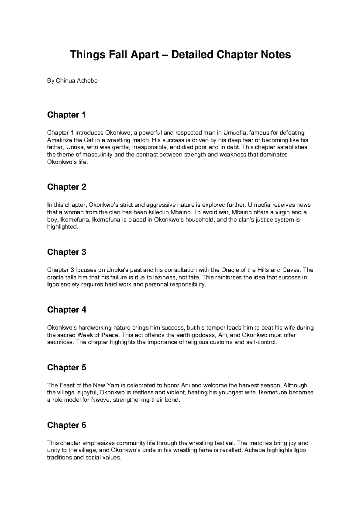 Things Fall Apart (ENG 101) Detailed Chapter Notes Analysis - Studocu