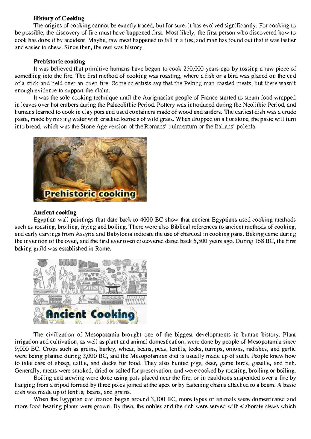 History of Cooking: Evolution and Techniques in Class 2 - Studocu