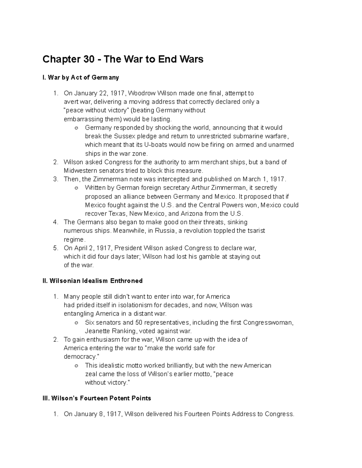 APUSH Chapter 30 - Chapter 30 - The War to End Wars I. War by Act of ...