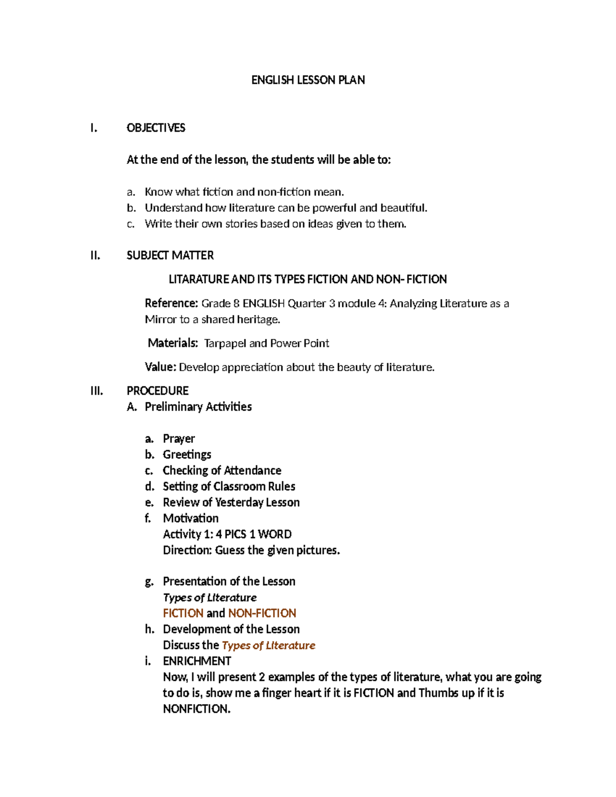ENGLISH 8 LESSON PLAN: Exploring Fiction & Literature Types - Studocu
