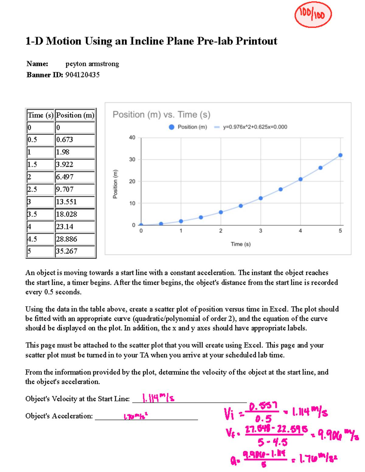1-D Motion Using an Incline Plane Pre-Lab - 1 1. 1 3. 2 6. 2 9. 3 13. 3 ...
