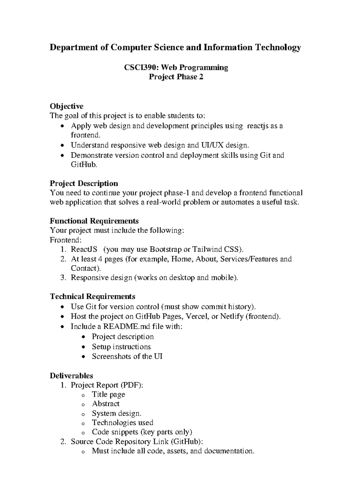 CSCI390 Web Programming Project Phase 2 - Spring 2025-2026 - Studocu