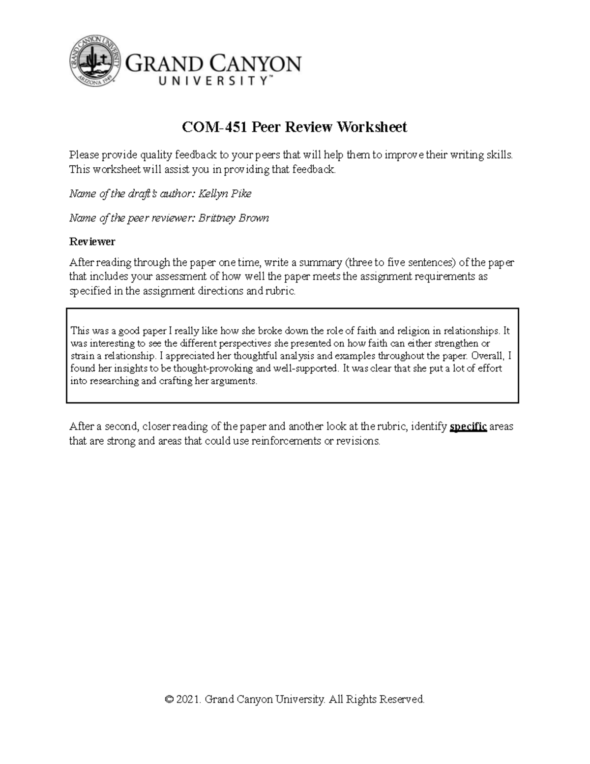 COM-451 T3 Peer Review Worksheet for Kellyn Pike's Draft - Studocu