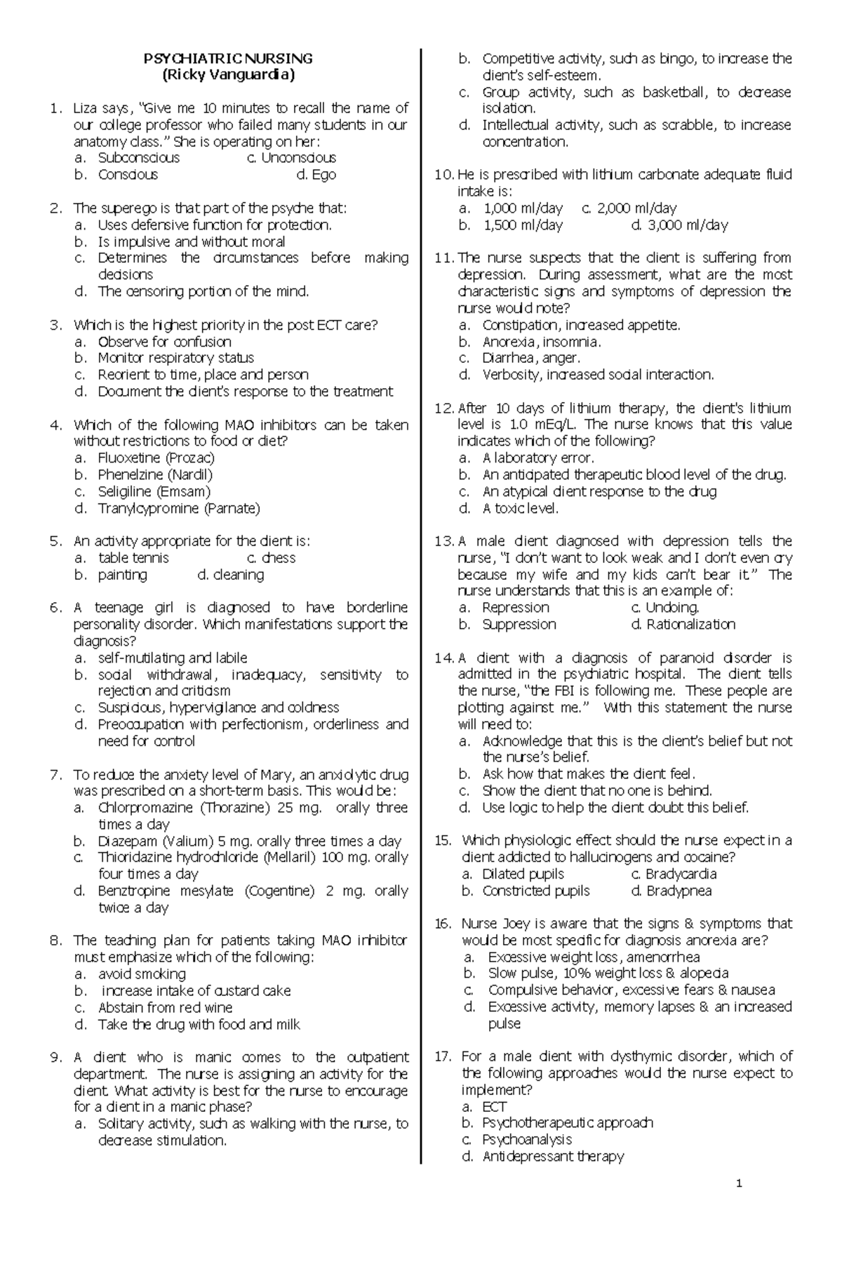 Psychiatric Nursing Notes (PSY 101) - Key Concepts and Exam Prep - Studocu