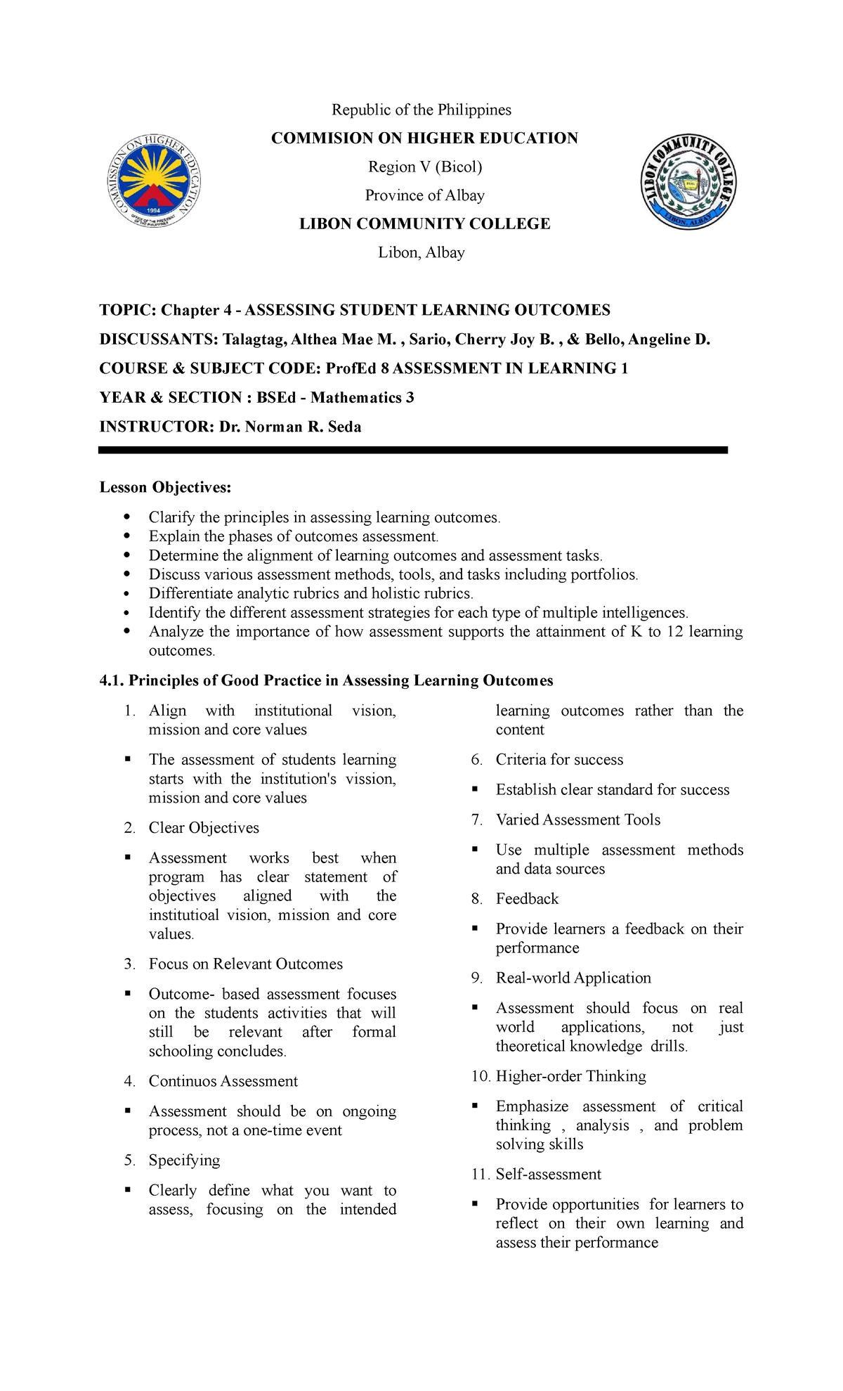 Chapter 4: Assessing Student Learning Outcomes - ProfEd 8 Handout - Studocu