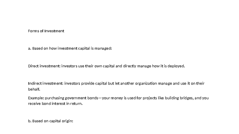 DOC 3 - CBA - Forms of Investment a. Based on how investment capital is ...