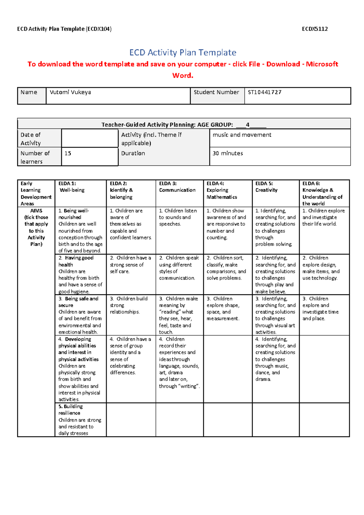 FMLS POE Activity Plan Template for ECD Learners - Part 1 - Studocu