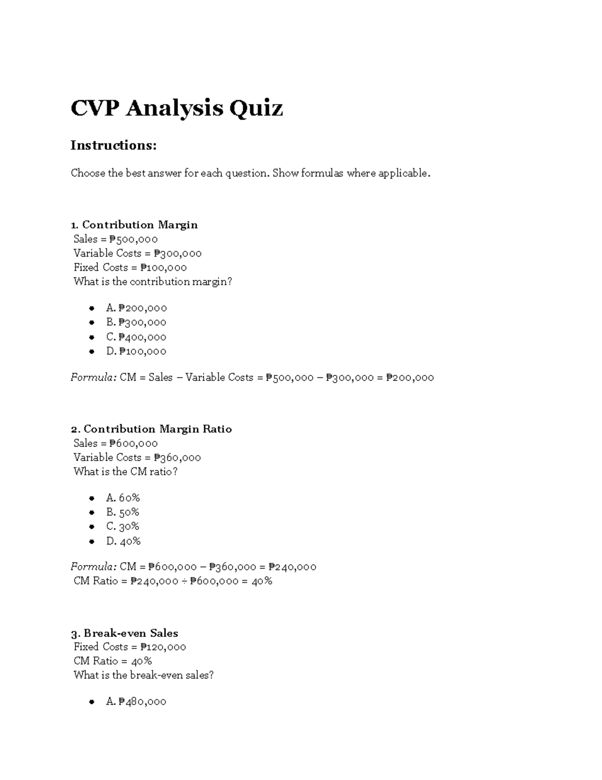 CVP Analysis Quiz Instructions and Formulas - Studocu