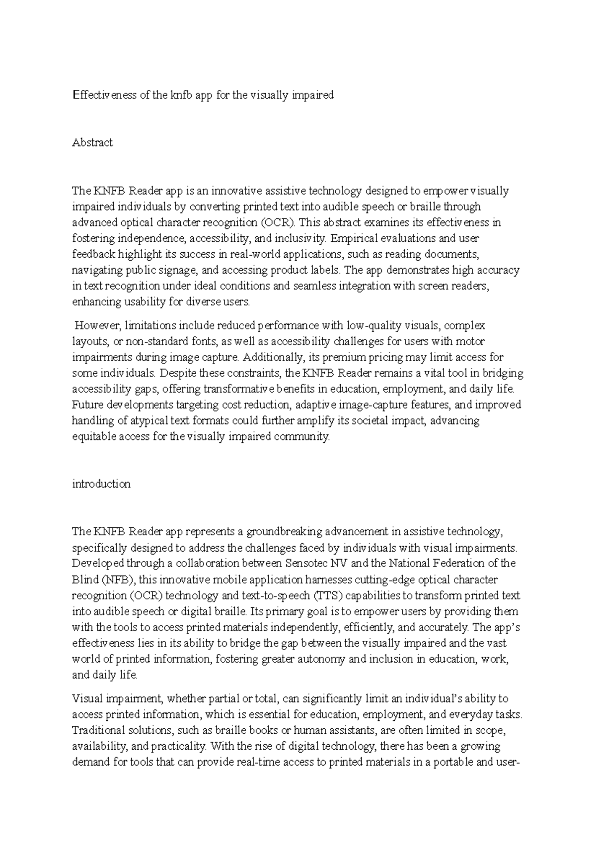 Effectiveness of KNFB Reader App for Visually Impaired Users - Studocu